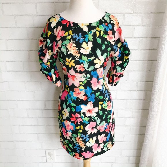 Zara | Dresses | Zara Basic Black Multi Color Floral Dress Small | Poshmark